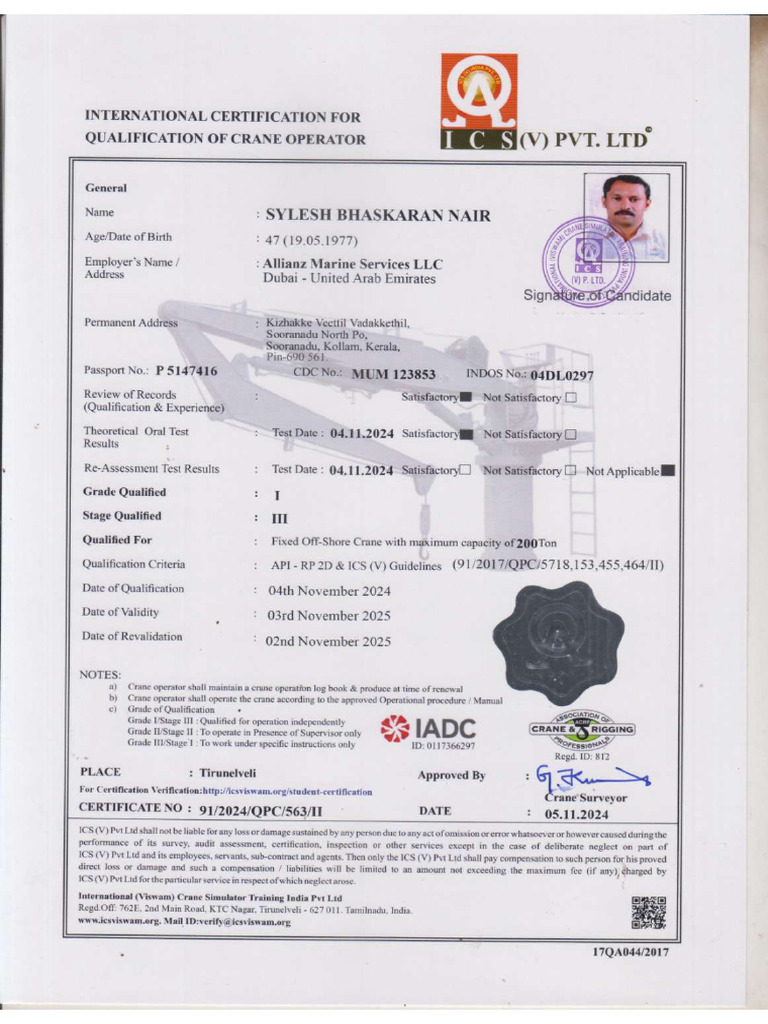 Crane Certificate home country - Sylesh Bhaskaran nair | PDF