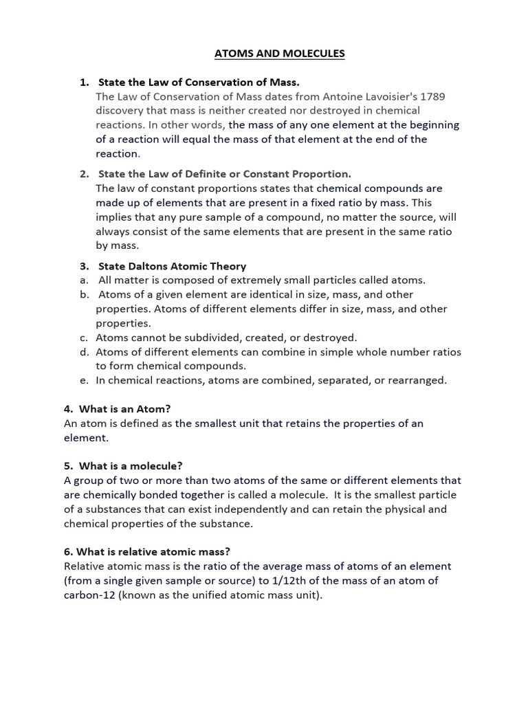 Atoms and Molecules NOTES | PDF | Ion | Molecules