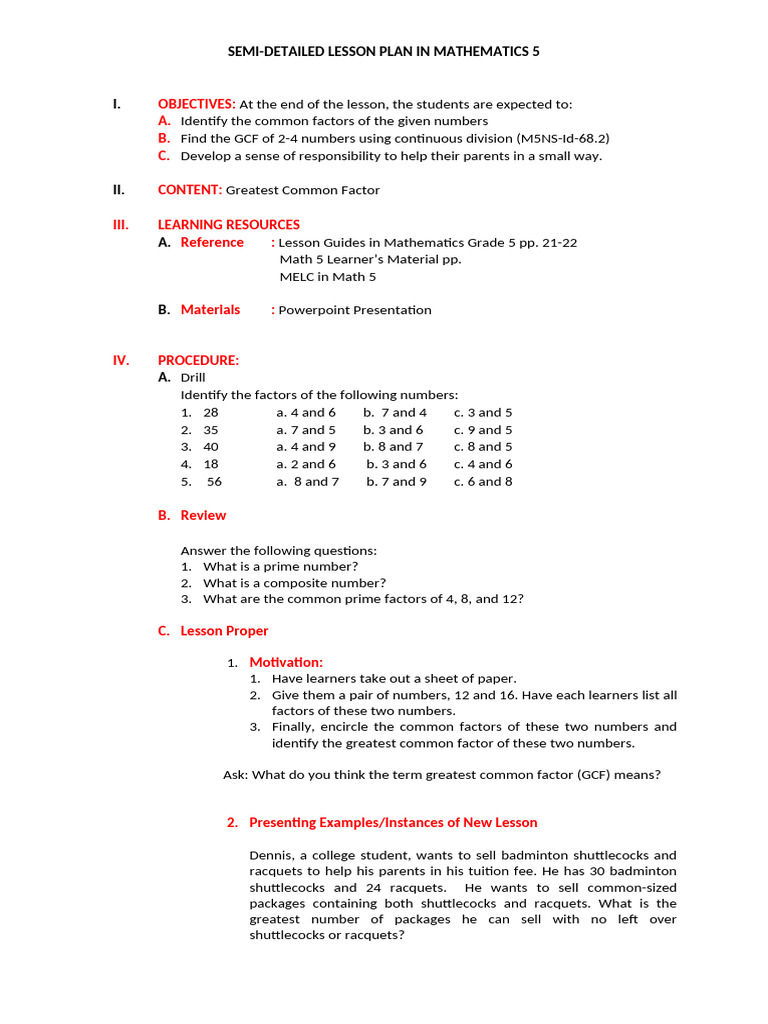 LESSON PLAN IN MATH GCF | PDF | Learning | Behavior Modification