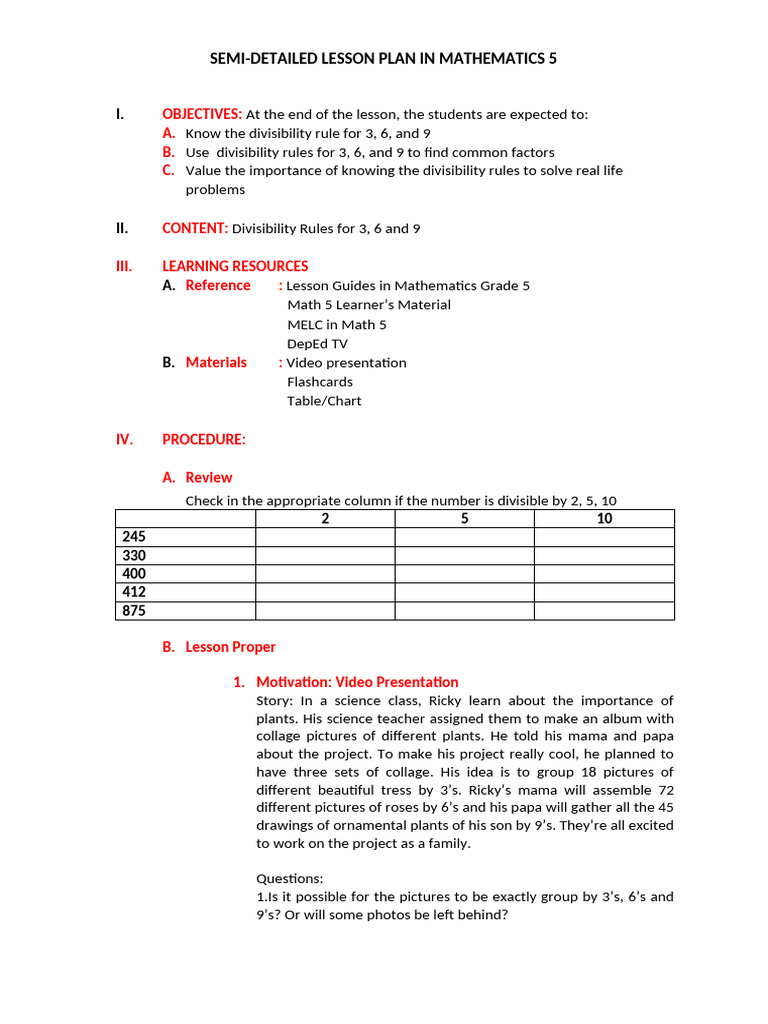 Grade 5 Divisibility Rules Lesson Plan | PDF | Lesson Plan | Mathematics