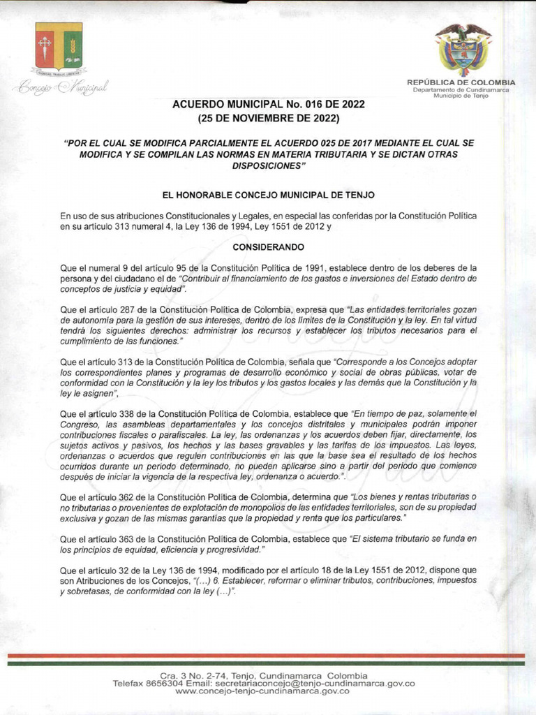 Tenjo Acuerdo 016 De 2022 Pdf