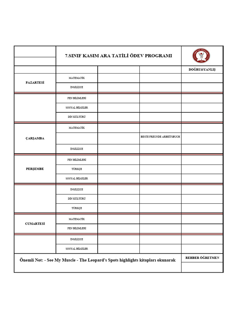 Sinif Ara Tati̇l Ödevi̇ 13-19 Kasim | PDF