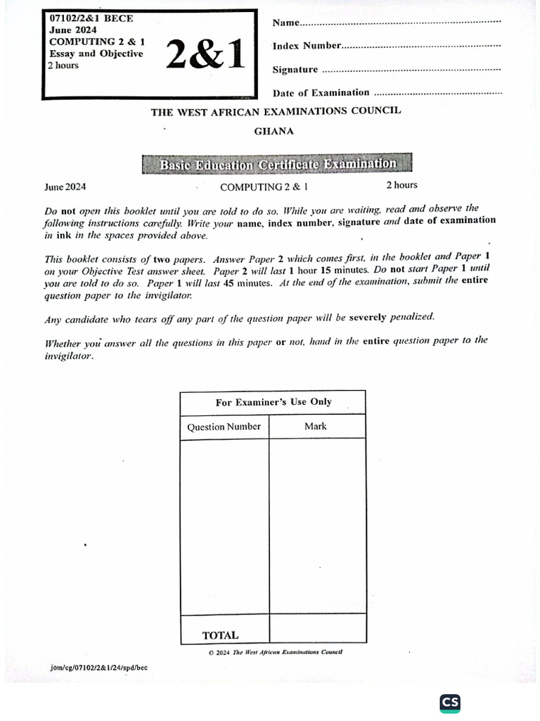 Computing BECE 2024 | PDF