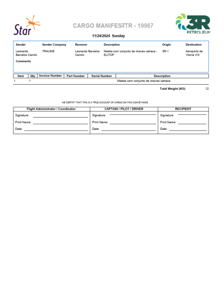 D - Cargo Manifest - TR 19967 | PDF