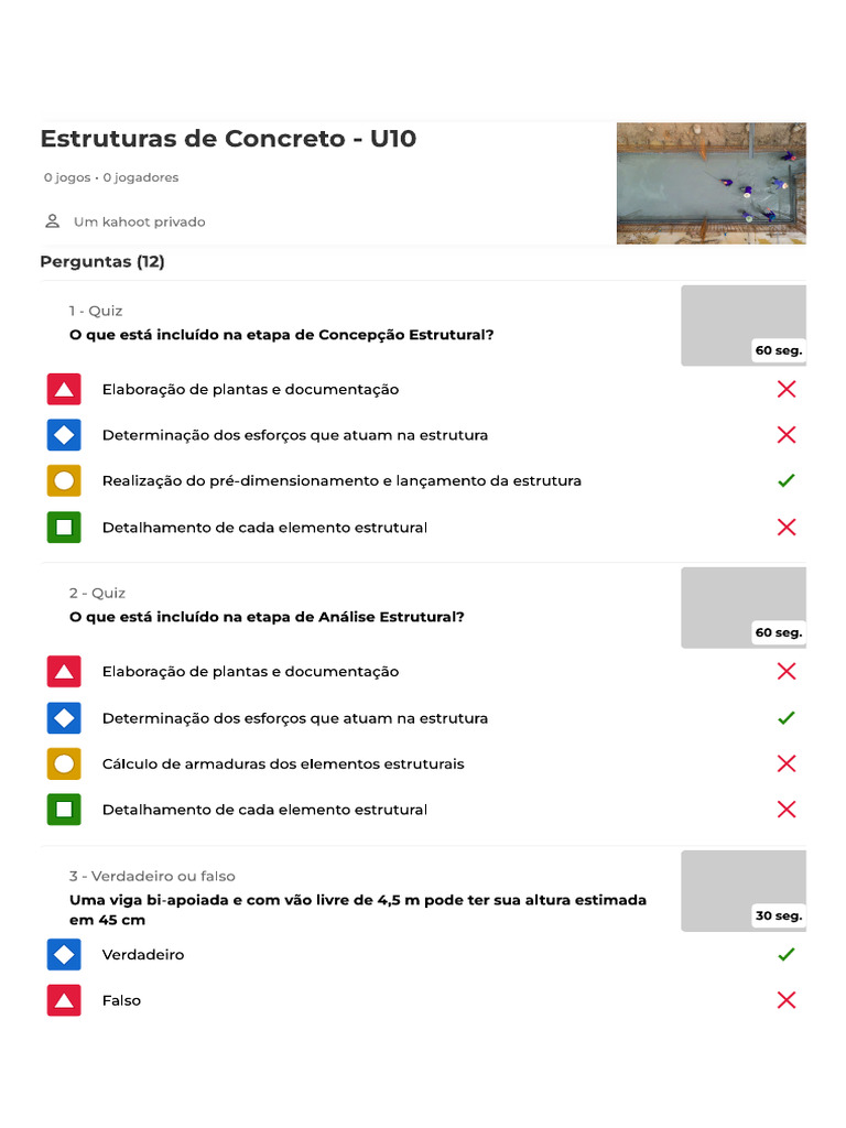 Estruturas de Concreto - U10 — Kahoot | PDF