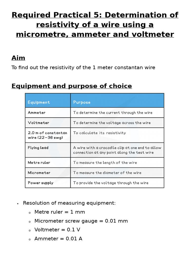 Physics Required Practical 5 | PDF | Electrical Resistivity And ...
