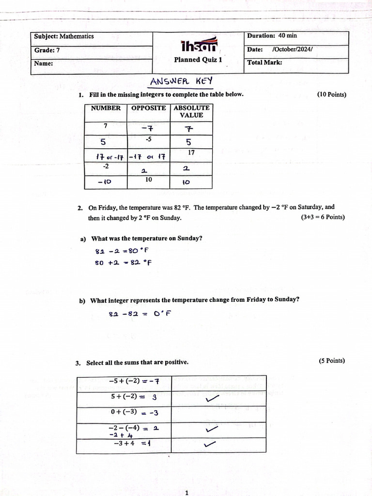 7th Grade Quiz 1 Answer Key | PDF