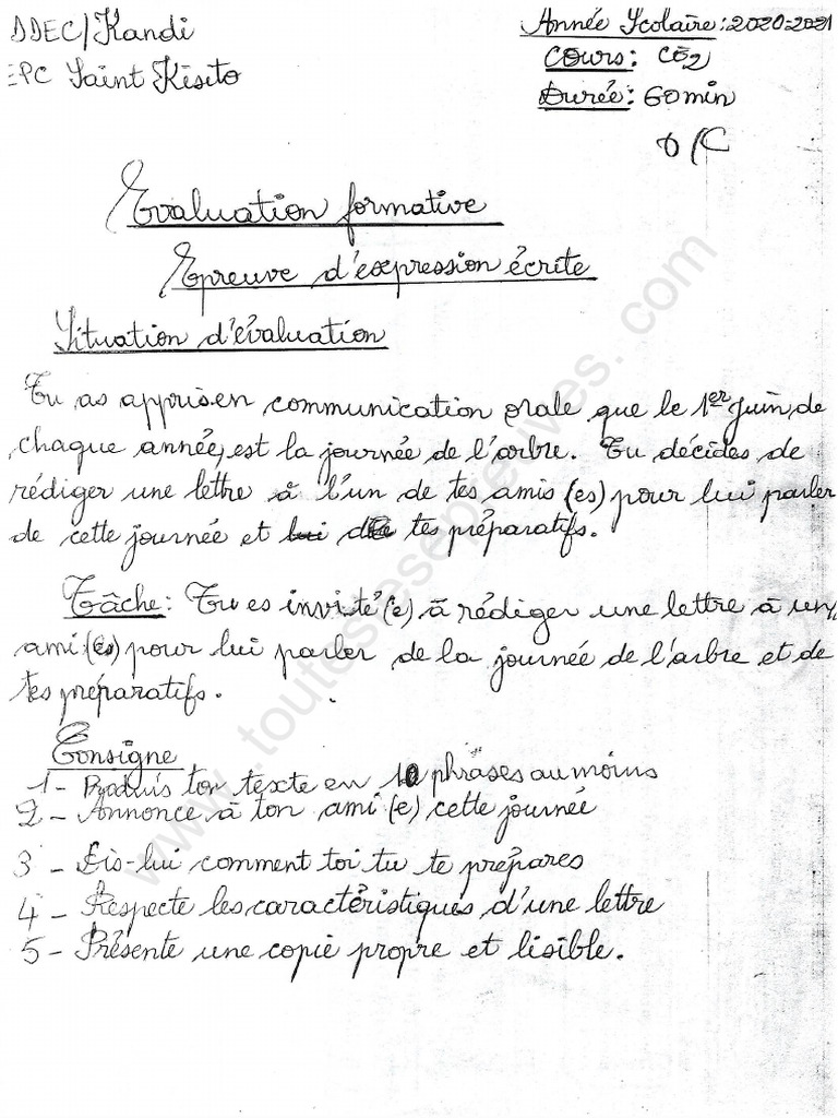 EVALUATION FORMATIVE CE2 EXPRESSION ECRITE CS SAINT KESETO KANDI 2020-2021 | PDF