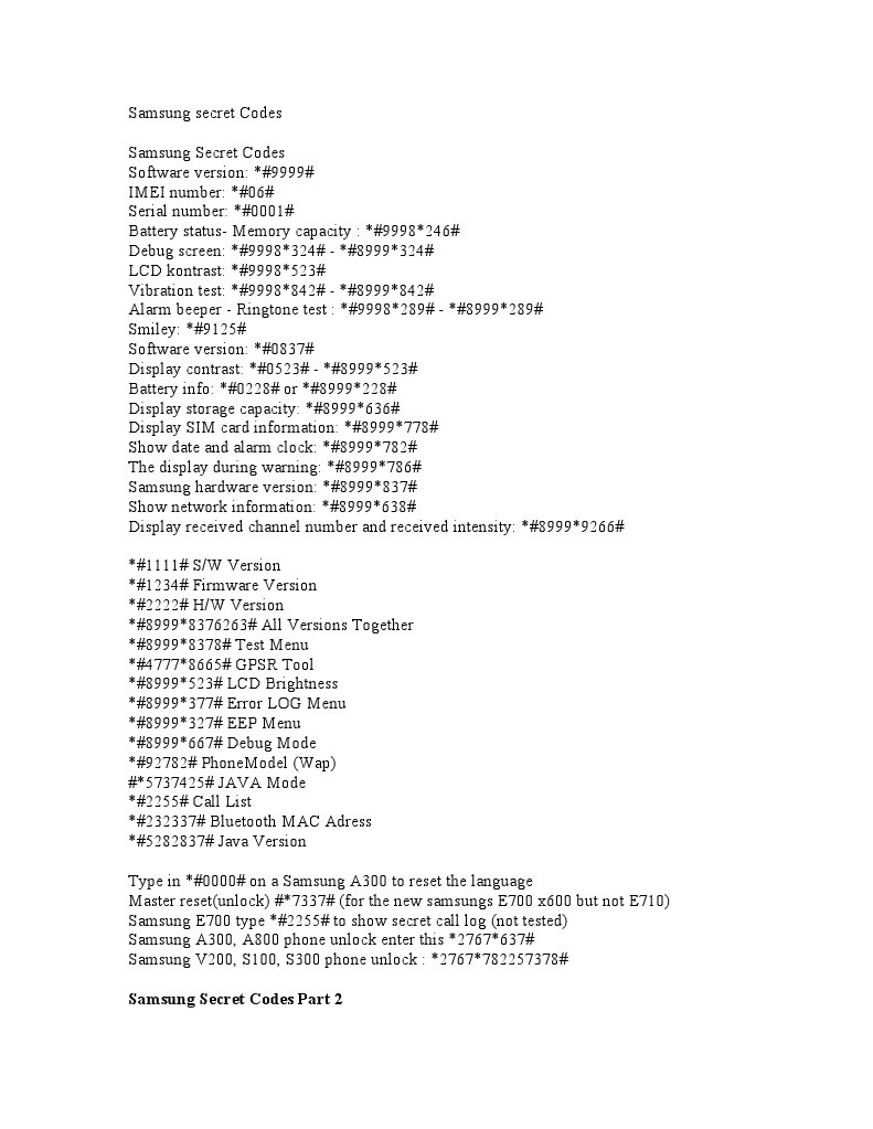 Samsung Secret Codes | PDF | Consumer Electronics | Mobile Technology