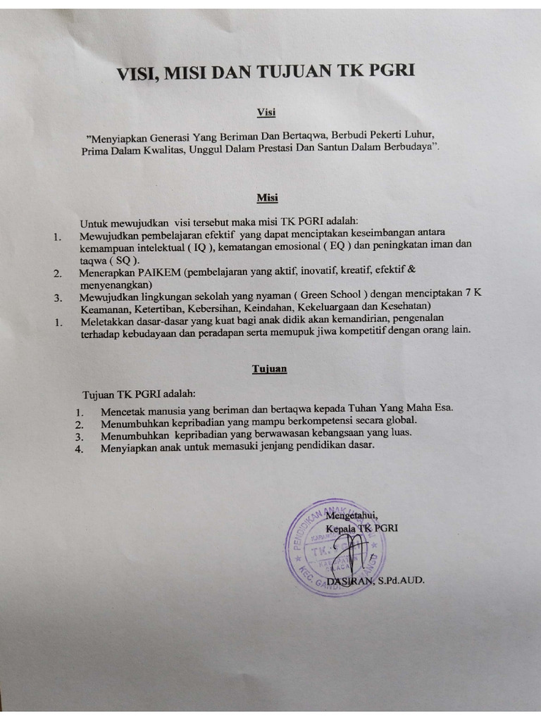 Visi Misi TK Pgri New TTD | PDF