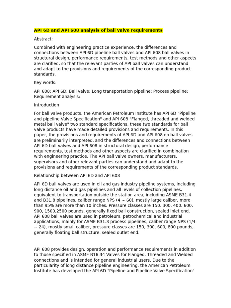 API 6D and API 608 Analysis of Ball Valve Requirements | PDF | Valve ...