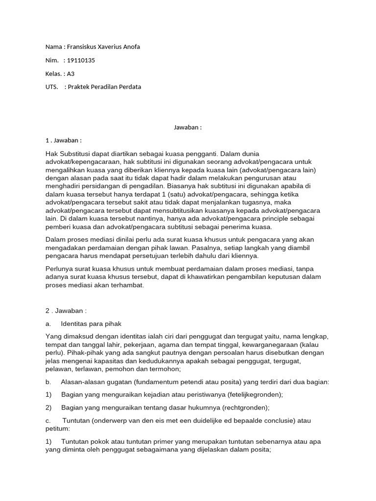 UTS Praktek Peradilan Perdata A3 | PDF