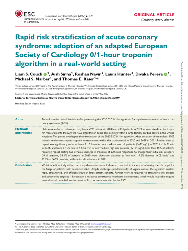 Rapid Risk Stratification in ACS | PDF | Medical Diagnosis | Cardiology