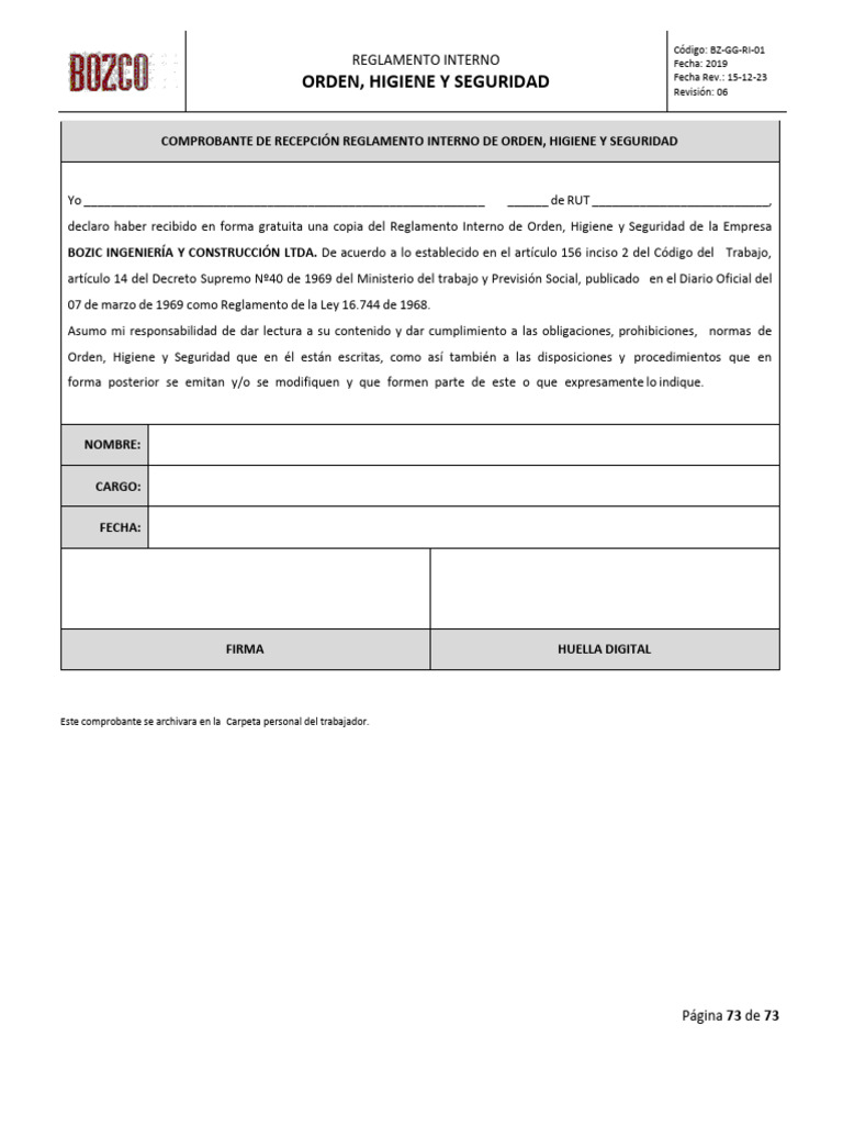 BZ-GG-RI-01 - Registro Recibo Reglamento Interno | PDF