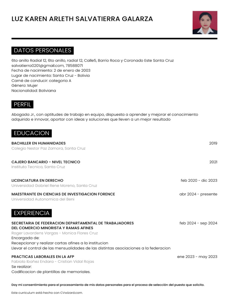 CV Luz Karen Arleth Salvatierra Galarza | PDF | Justicia | Crimen y violencia