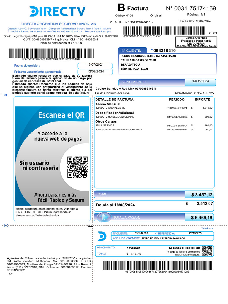 Factura DIRECTV Argentina: Detalles y Pagos | PDF