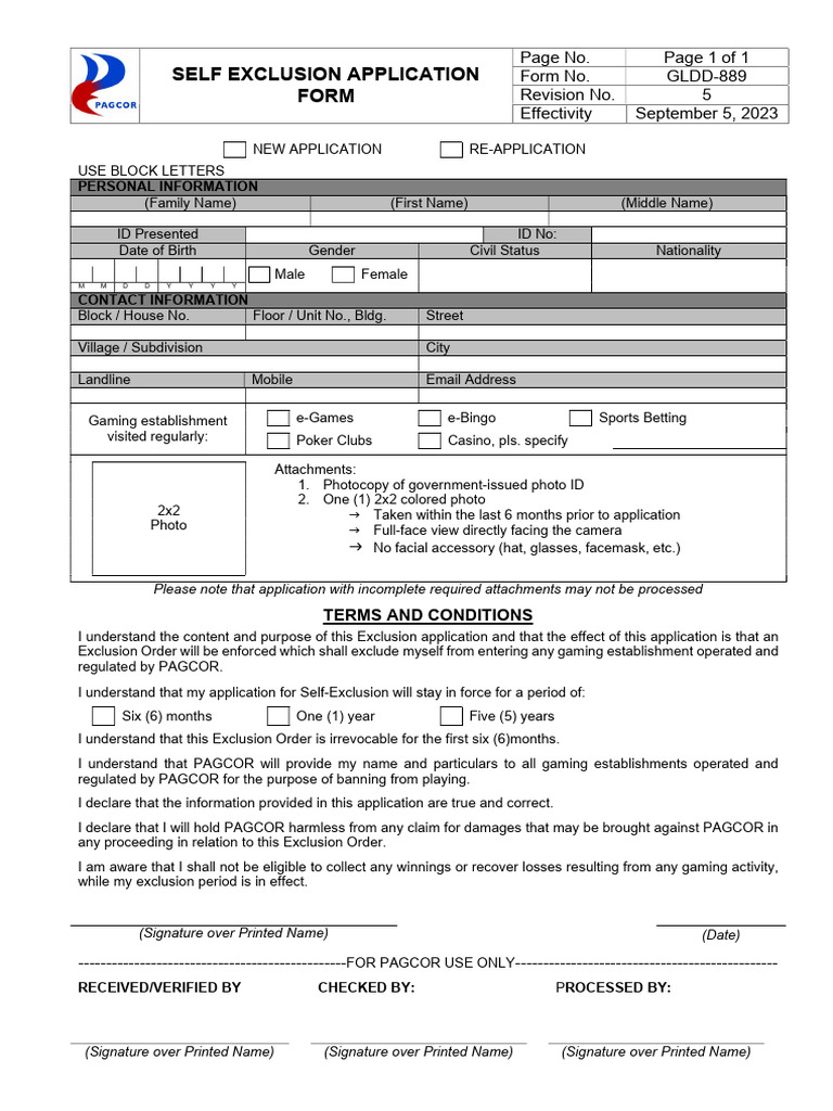 Gaming Self-Exclusion Form | PDF