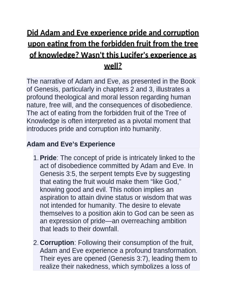 Did Adam and Eve experience pride and corruption upon eating from the ...