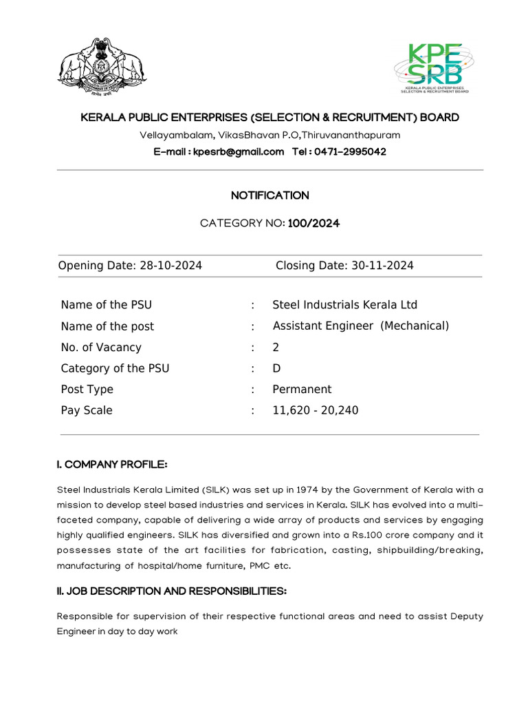 100 2024 Assistant Engineer Mechanical Steel Industrials Kerala LTD | PDF