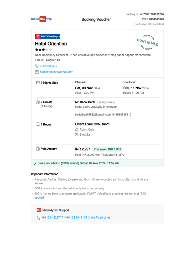 MakeMyTrip Hotel Booking Confirmation | PDF