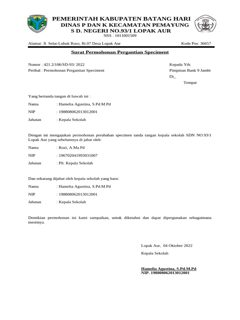 Permohonan Pergantian Specimen Tanda Tangan | PDF