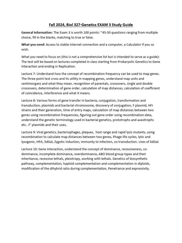 Biol 327 Fall24 Exam 3 Study Guide | PDF