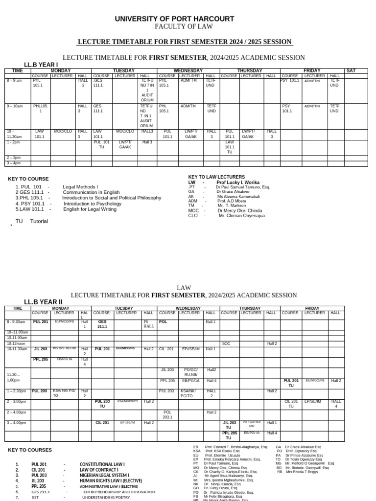 Uniport Law Faculty Timetable 2024/25 | PDF