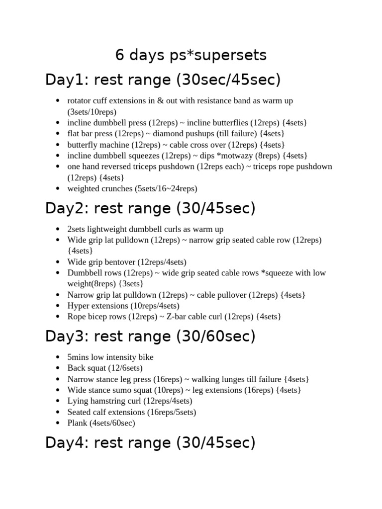 6 Days Ps Supersets Day1: Rest Range (30sec/45sec) | PDF | Weight Training