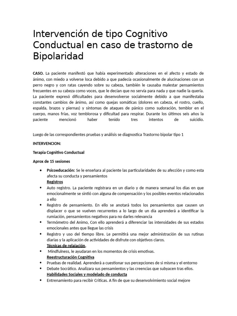 TAREA2 Intervención de tipo Cognitivo Conductual en caso de trastorno de Bipolaridad | PDF ...