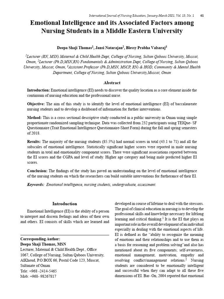 Emotional Intelligence in Nursing Students | PDF | Emotional ...