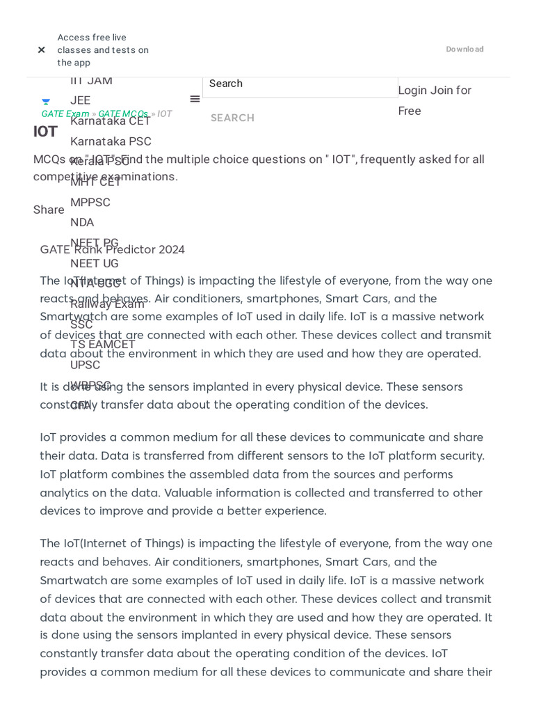 MCQs on IOT | PDF | Computer Network | Internet Of Things