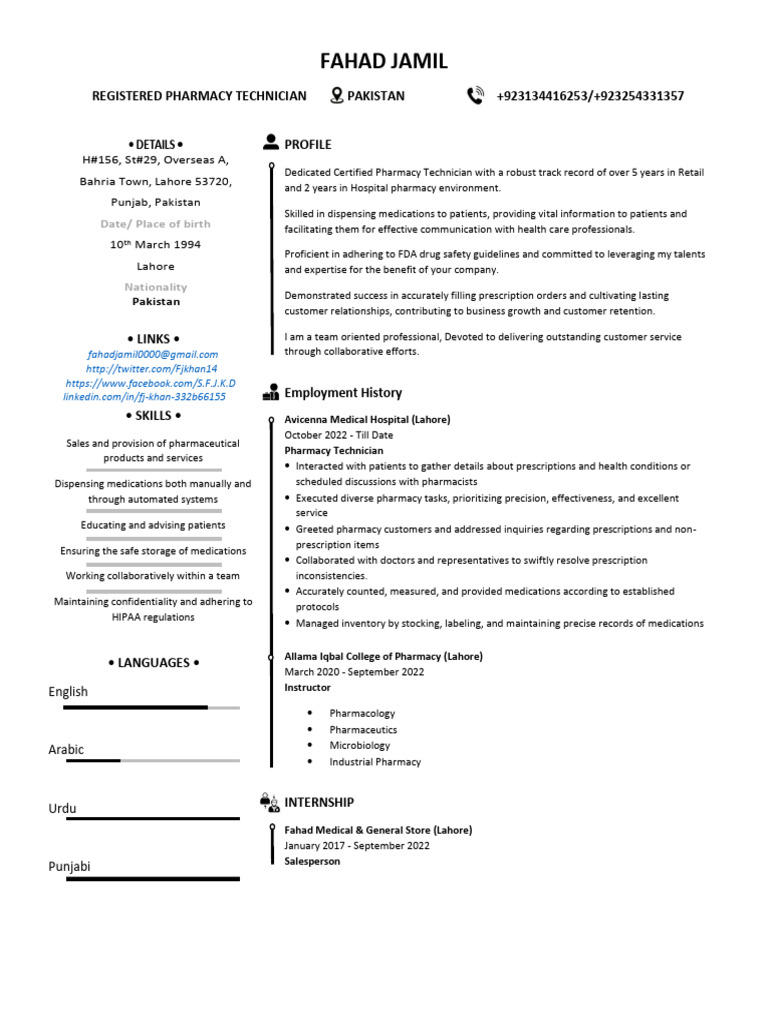 Fahad Jamil (Cv) New | PDF | Pharmacy | Medical Prescription