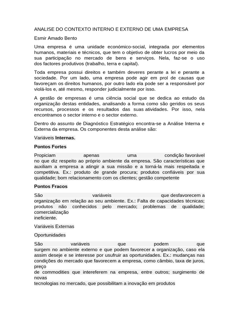 Analise Do Contexto Interno e Externo de Uma Empresa | PDF | Análise ...