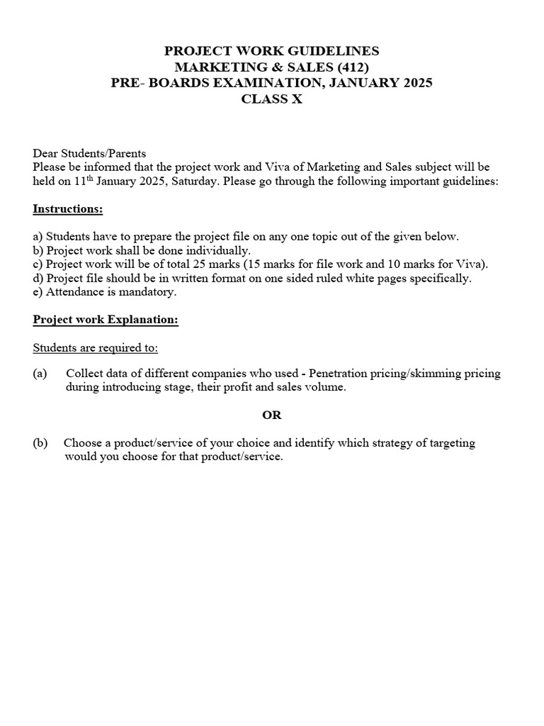 PROJECT WORK GUIDELINES CLASS X Pre Board 2024-25 | PDF