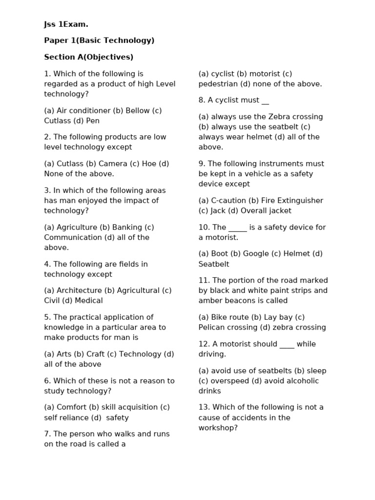JSS 1 B TECH EXAM | PDF | Brass | Secondary Sector Of The Economy