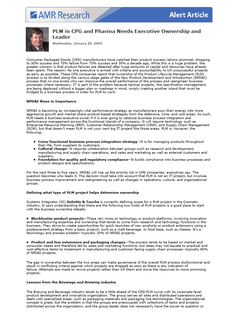 AMR Research ARTICLE 15642-PLM in CPG and Pharma Needs Executive Ow ...