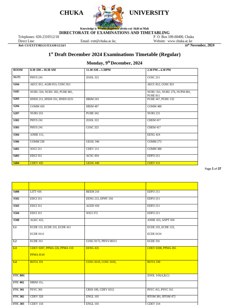 1st Draft December 2024 Regular Examinations Timetable | PDF