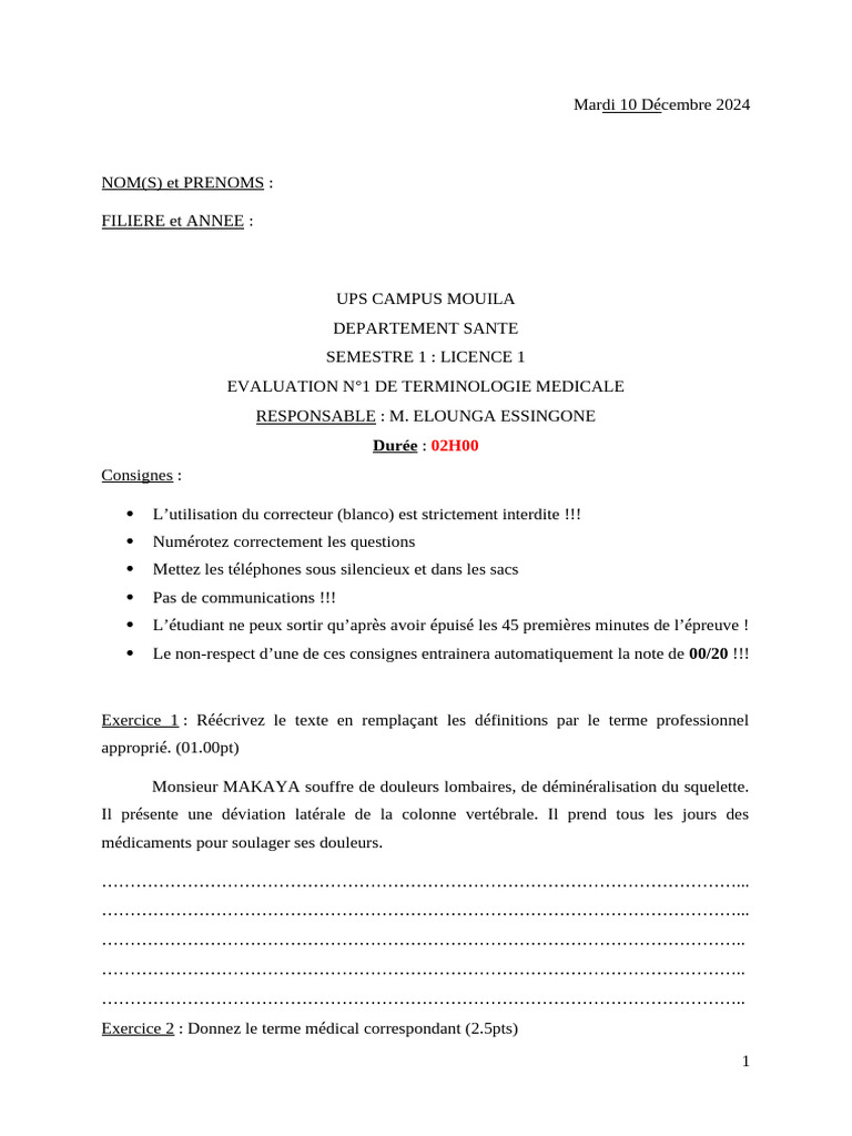 EVALUATION N°1 DE TERMINOLOGIE MEDICALE | PDF