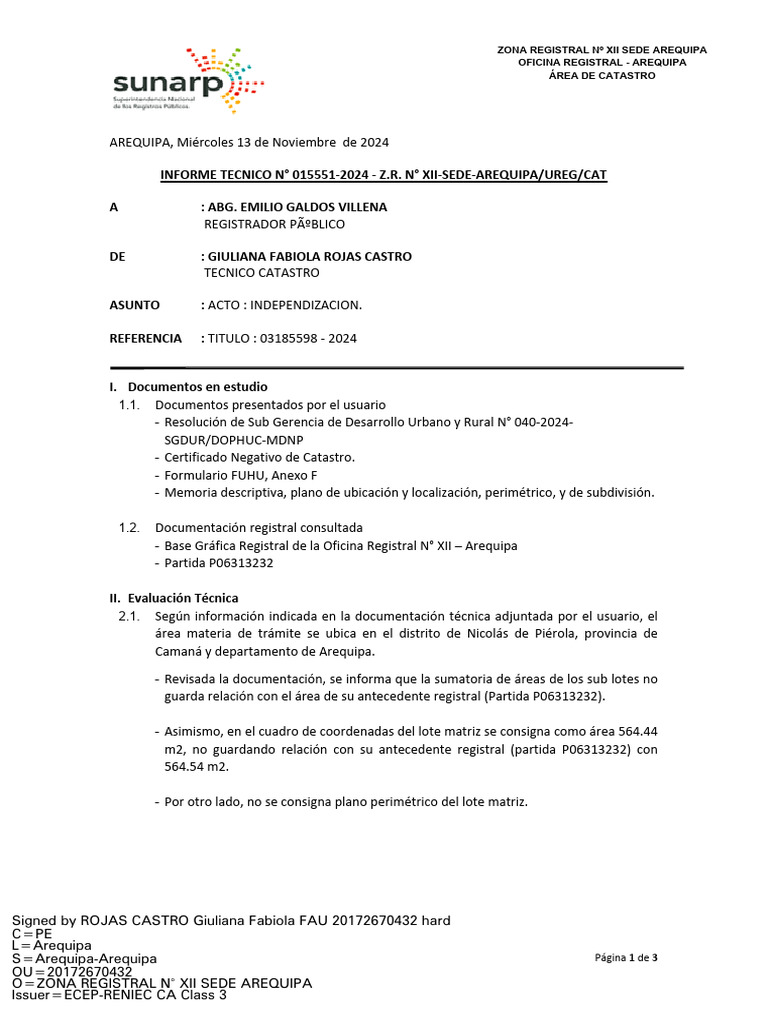 Informe Técnico Observación Sunarp | PDF