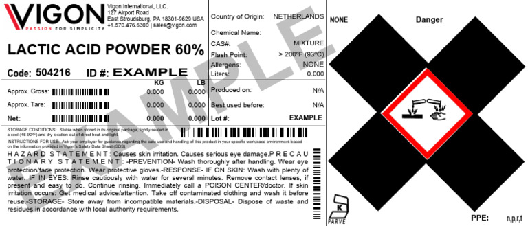 Lactic Acid Powder 60 Product Label | PDF