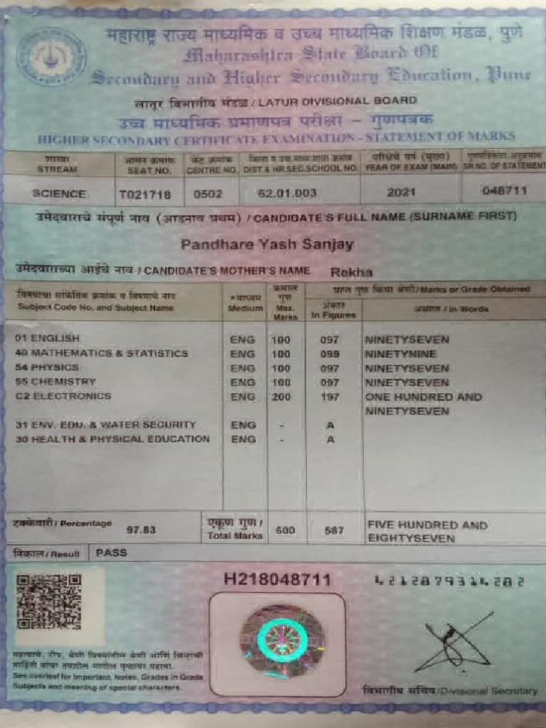 12th Certificate - B - 25 Yash Pandhare | PDF | Educational Stages