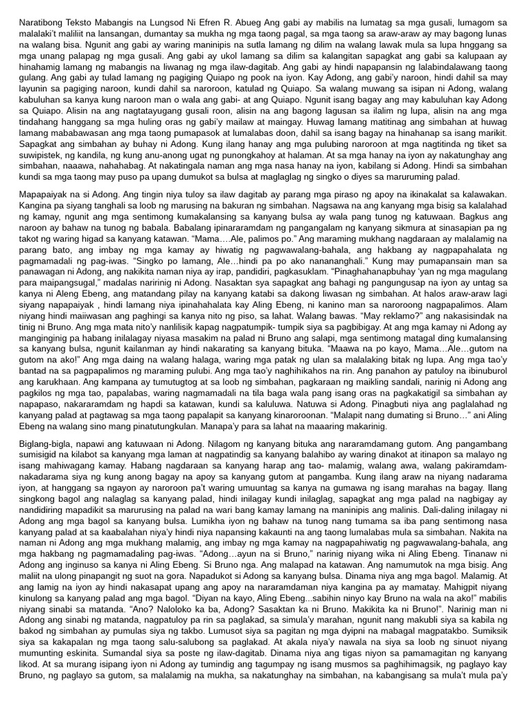 Naratibong Teksto Mabangis Na Lungsod Ni Efren R | PDF