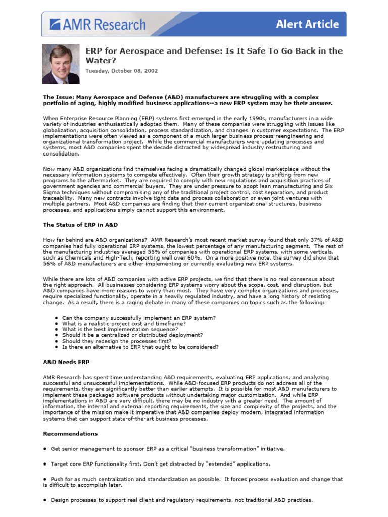 AMR Research ARTICLE 15090-ERP For Aerospace and Defense Is It Saf ...