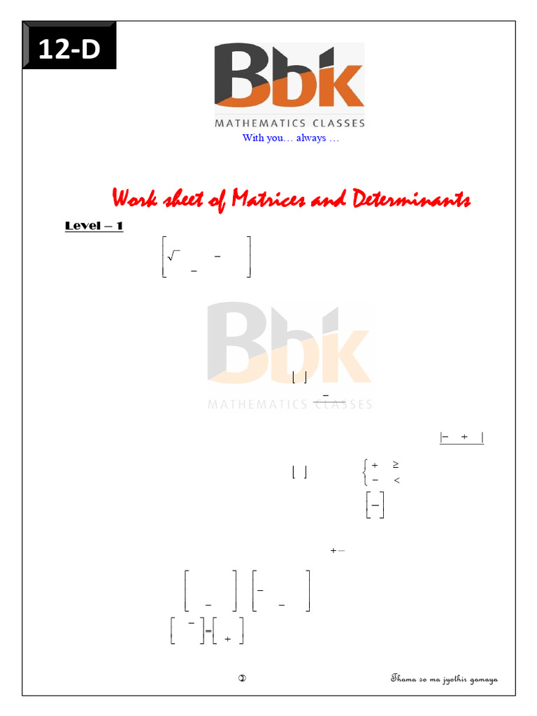 12-D-worksheet of Matrics and Determinants | PDF | Determinant | Matrix (Mathematics)