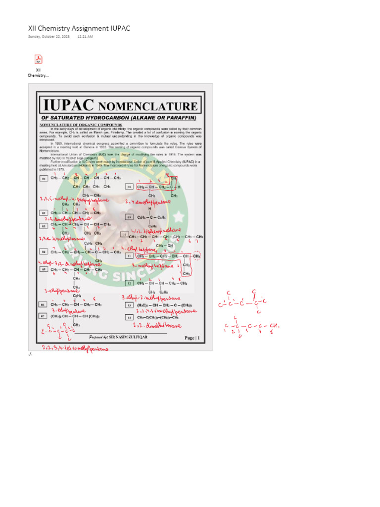 XII Chemistry Assignment IUPAC (Solved) | PDF