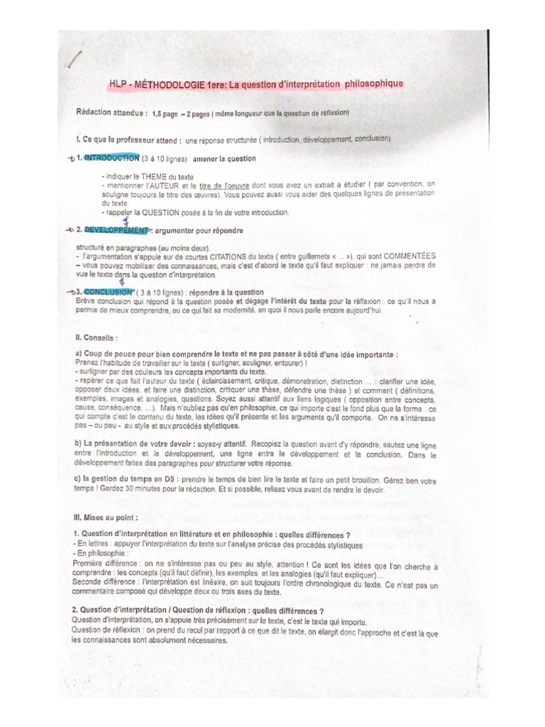HLP - MÉTHODOLOGIE 1ere La Question D'interprétation Philosophique | PDF