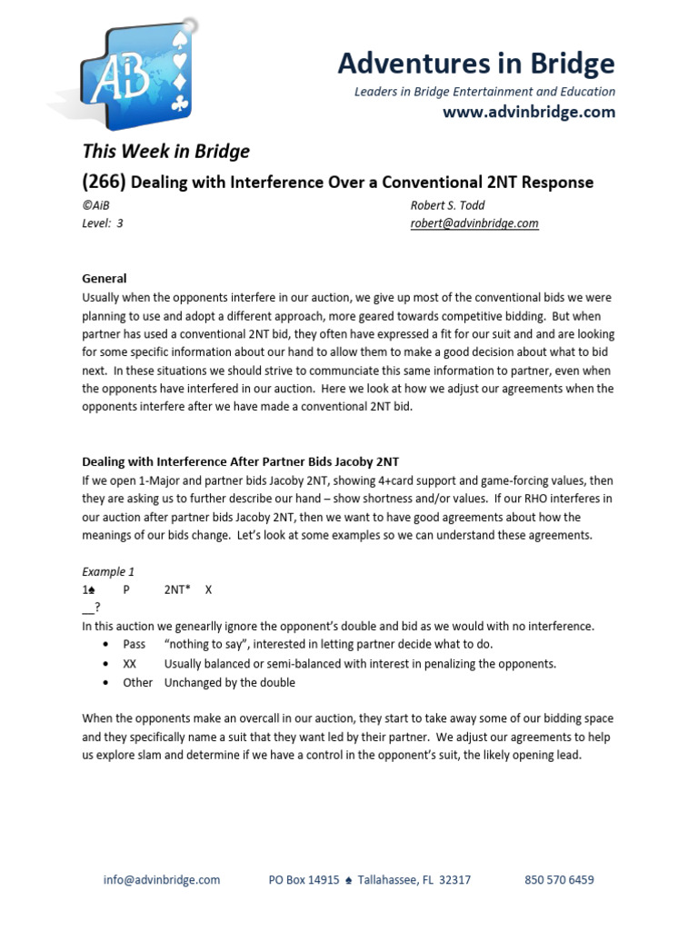 4 (266) Dealing With Interference Over A Conventional 2NT Bid | PDF ...