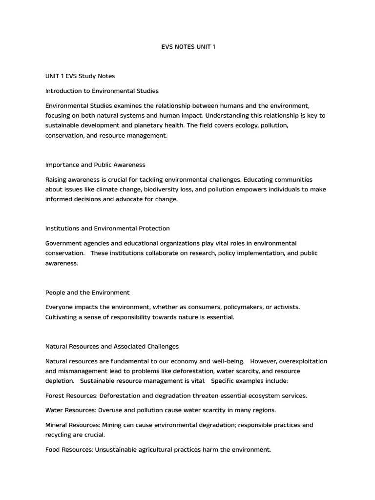 Evs Study Notes | PDF | Sustainability | Ecosystem