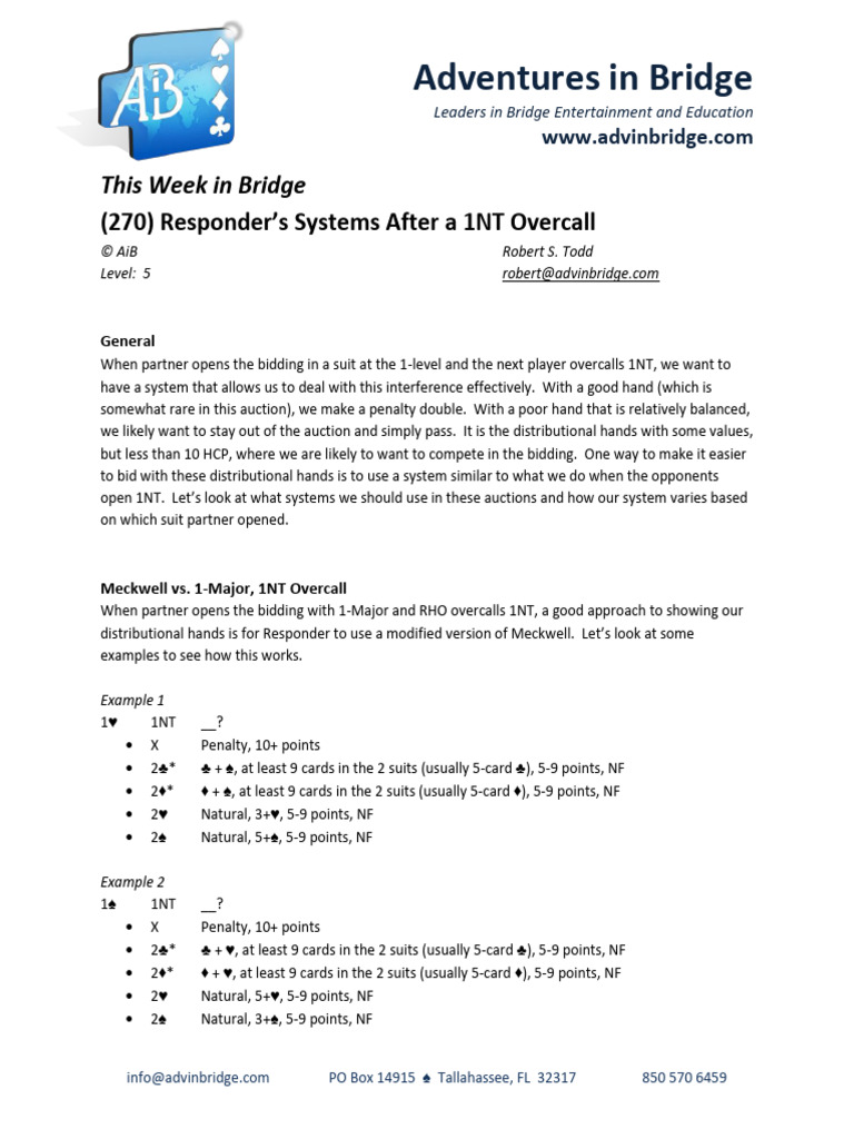 4 (270) Responders Systems After A 1NT Overcall | PDF | Contract Bridge ...