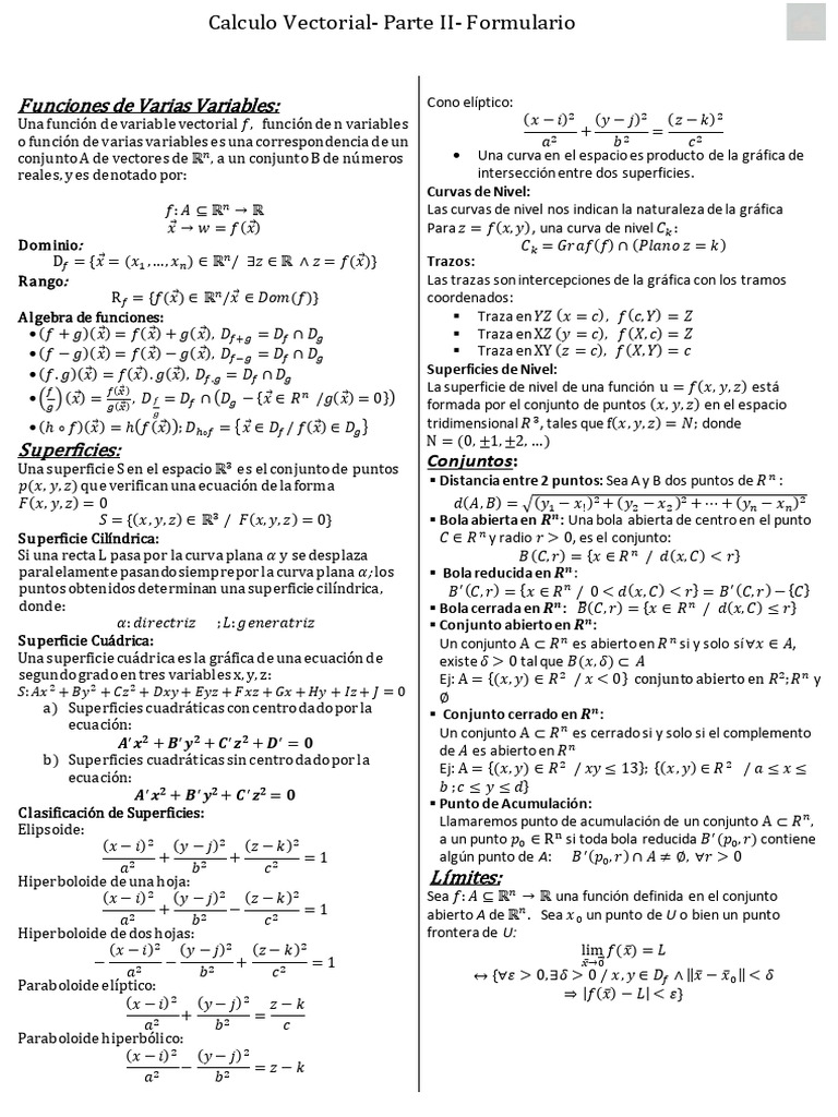FORMULAS Calculo Vectorial Parte II | PDF | Vector Euclidiano | Función ...